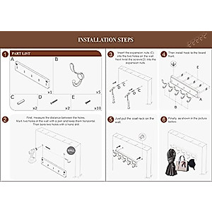 Coat Rack Wall Mount, 5 Tri Hooks, Coat Rack Hooks, Hook Rack Rail, Wooden Entryway Hanging Coat Rack, Self-Assembly Rustic Wood Wall Coat Hanger for The Entryway, Bathroom, Bedroom, Kitchen (2)