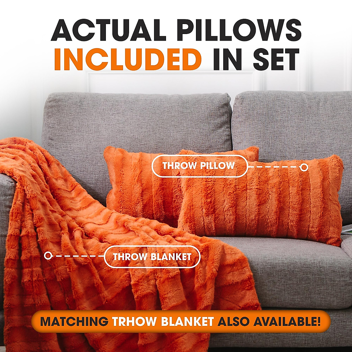 Cheer Collection Faux Fur Throw Pillows for Couch with Inserts Included - Decorative Furry Sofa Pillows - 12" x 20" - Rust (Set of 2)