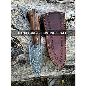 Hand Forger Hunting Crafts 10" Damascus Steel Gut Hook Full Tang Fixed Blade Hunting Knife with Sheath - Stag Horn Antler Handle (Rose Wood)