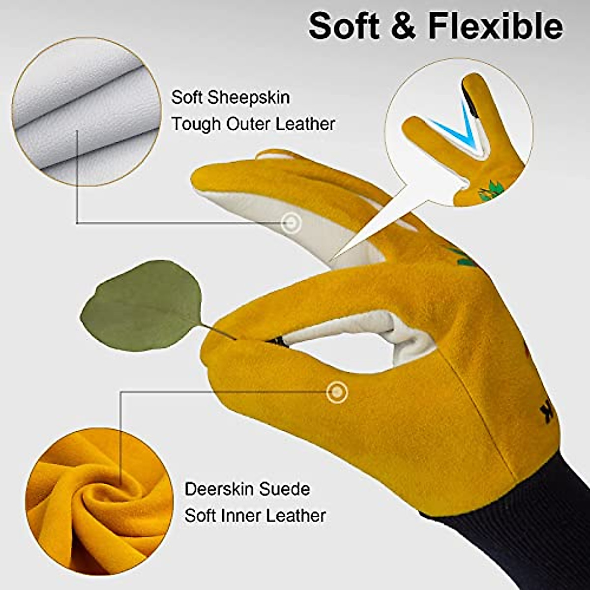 FEISHDEK Cactus Gloves Soft Deerskin Women Gardening Glove Thorn Proof for Cacti Handling (Medium - Short Sleeve, Yellow)