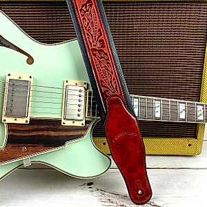 Walker & Williams GB-106 Bourbon Red Brushed Finish Guitar Strap With Padded Glove Leather Back And Classic Live Oak Pattern For Acoustic, Electric, And Bass Guitars