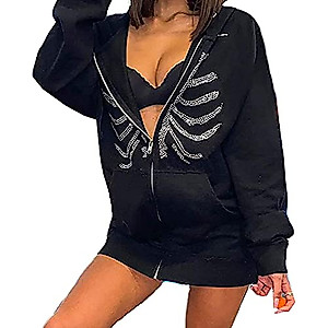 threeriver Womens Y2k Skeleton Print Hoodie Top Rhinestone Skull Print Long Sleeve Zip Up Hoodies(S,A-black)