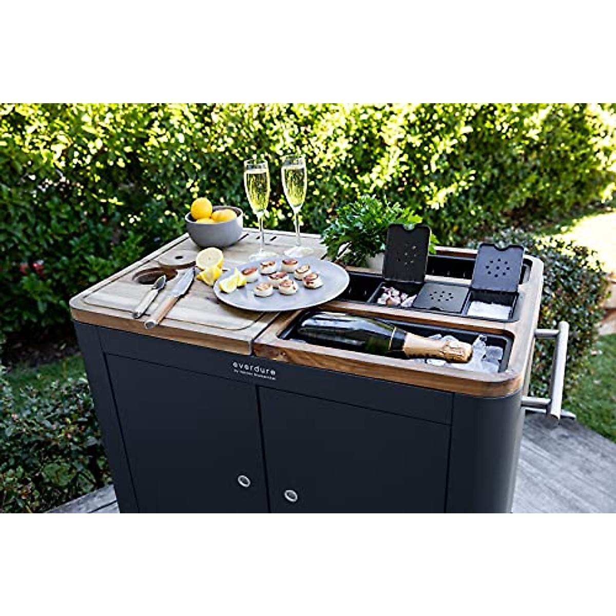 Everdure Mobile Prep Kitchen, 40-Inch Indoor/Outdoor Kitchen Island, Rolling Cart with Lockable Wheels, Equipped with Built-in Cutting Board and Serving Trays, Graphite