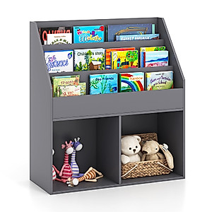 Costzon Kids Bookshelf, Wooden Toy Storage Cabinet Organizer with Shelves & 2 Large Cubes, 2-in-1 Children Bookcase Display Sling Book Rack for Kids Room, Bedroom, Nursery, Kindergarten (Gray)