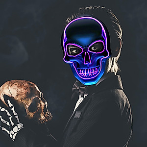 Lenwen 3 Pieces Halloween LED Mask Light up Scary Skull Face Cover Glowing Halloween Skull Cover for Cosplay Halloween Party Supplies Favor (Purple, Red, Orange), 9.6 x 6.7 inches