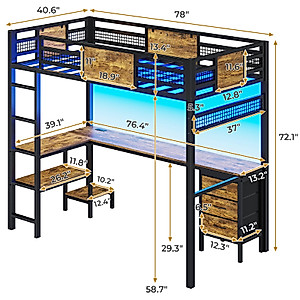ADORNEVE Loft Bed Twin Size with L-Shaped Desk, LED Lights,Charging Station, Twin Metal Loft Bed Frame with Fabric Drawers & Shelve, 13.4" H Safety Guardrail, No Box Spring Needed, Black