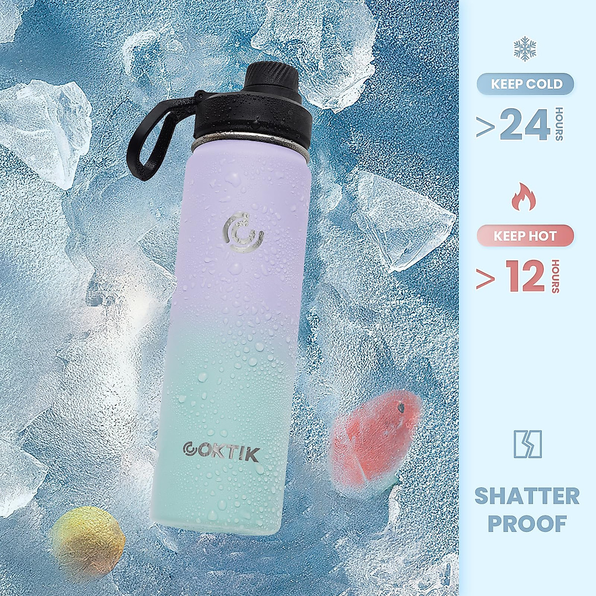 COKTIK Insulated Stainless Steel Water Bottle With Straw Lid, 22 oz Wide Mouth Double Wall Vacuum Insulated Water Bottle Leakproof Lightweight for Hiking, Biking, Running(Sweet Candy)