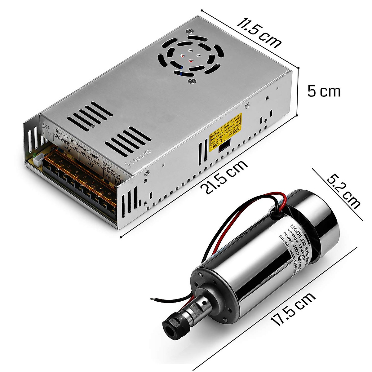 Genmitsu Air-Cooled 300W Brush DC Spindle Motor with 0-48V Output Adjustable Switching Power Supply, 52mm Clamp & ER11 Collet, ideal for CNC Machining