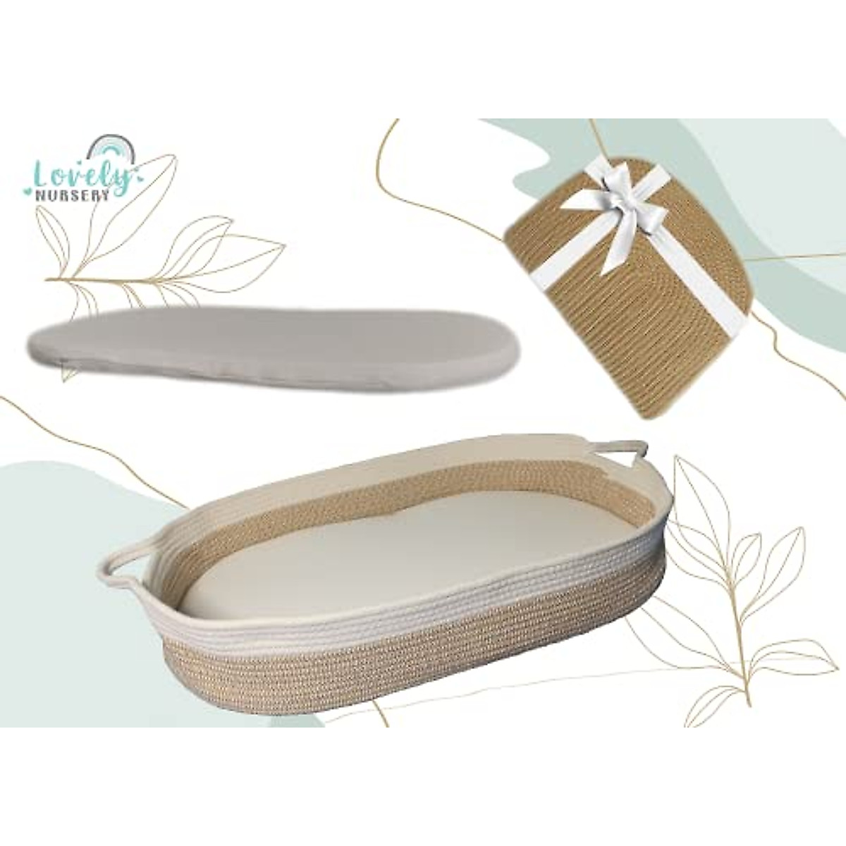 Lovely Nursery Baby Changing Basket Moses Basket 100% Cotton Rope and 1.2€ Thick Foam Pad with Removable Cover Change in Style and Comfort Beige/White Set