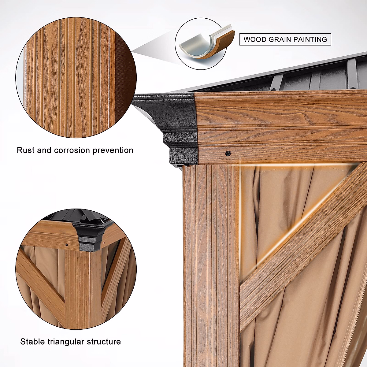 ABCCANOPY Hardtop Gazebo 12x16 - Outdoor Metal Hard Top Gazebo, Permanent Galvanized Steel Aluminum Framed Pavilion with Netting and Curtain for Patio Backyard Lawn Garden (Double Roof, Wood Grain)