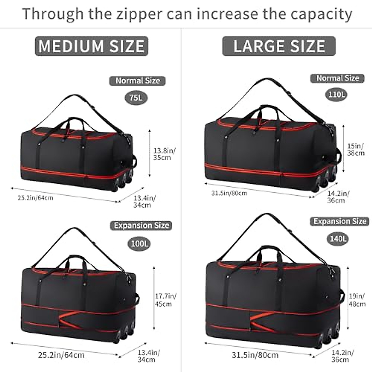 Vomgomfom 25'' 100L Expandable Rolling Duffle Bag with 3 Wheels,Foldable Travel Duffel Bag with Storage Bag