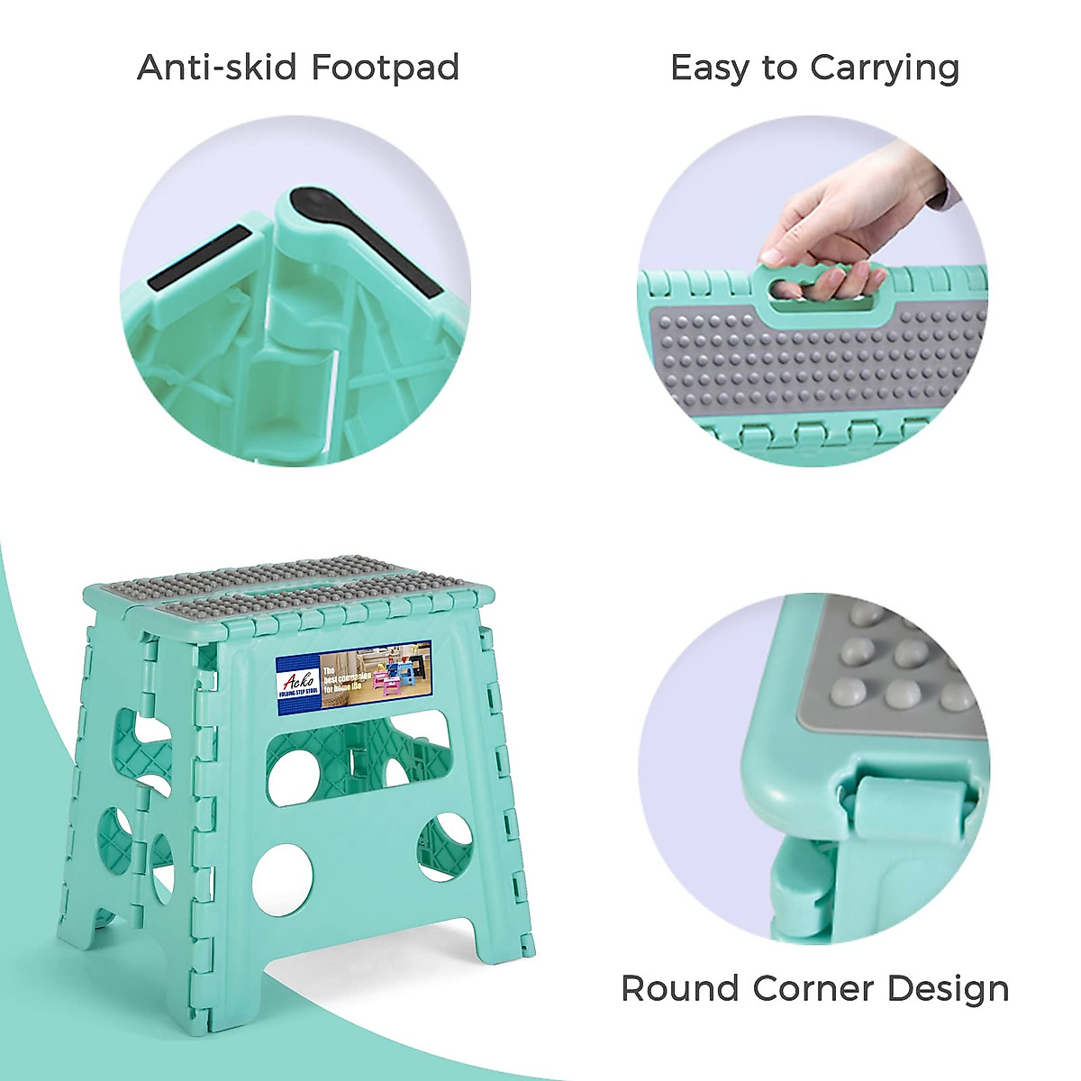 ACKO Folding Step Stool 13 Inch Stool Heavy Duty Plastic Foldable Step Stools for Kids, Stepping Stool with Handle, Folding Stool Suitable for Kitchen Hold Up to 300 LB (Teal 1PC)