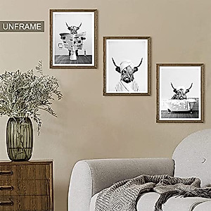 YLYYOO Funny Highland Cow Bathroom Wall Art,black and White Canvas Wall Art Farmhouse Bathroom Wall Decor,highland Cow Pictures Prints for Wall Decor Set of 3 Unframed. (Black,3PCS-12"x16"-Unframed)