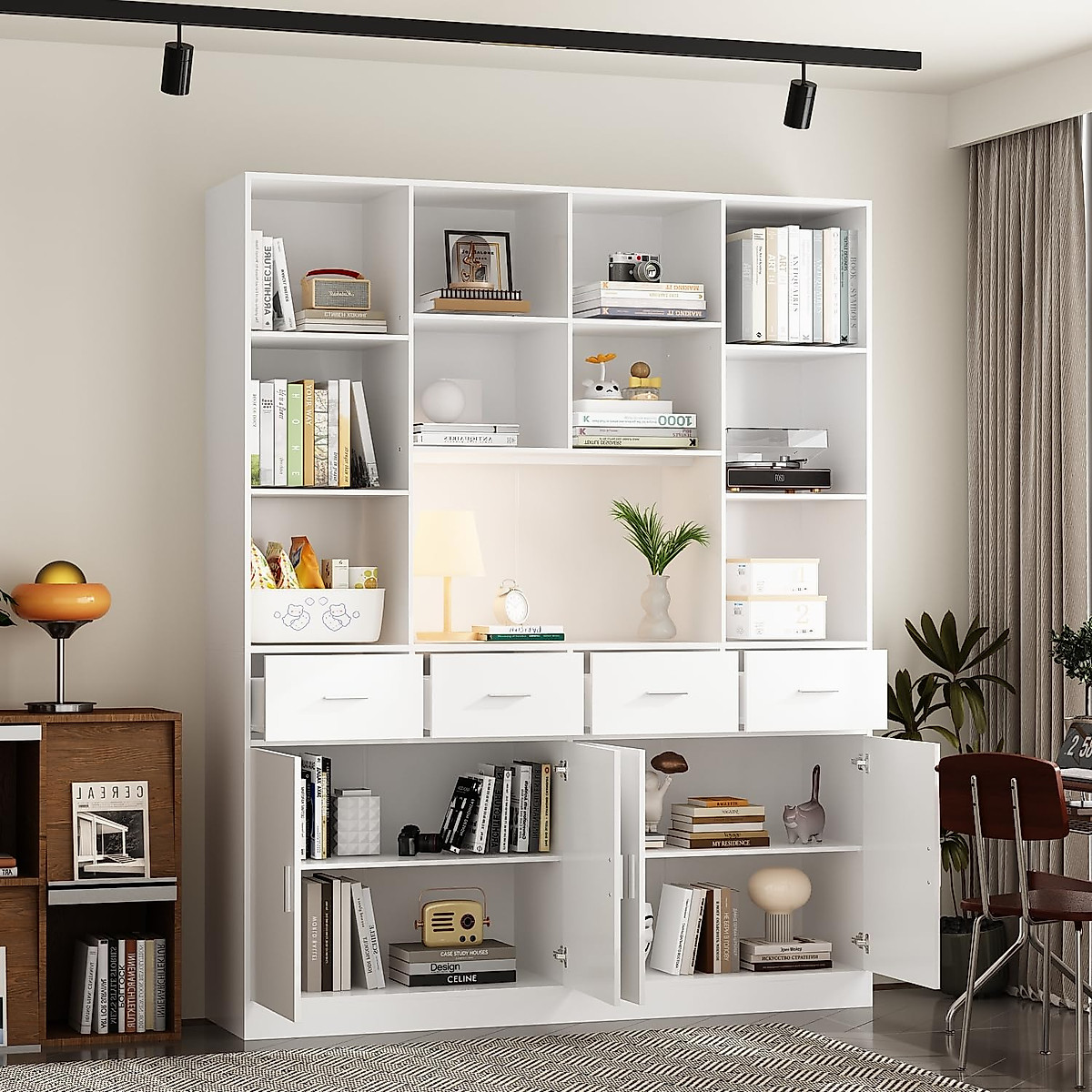 ECACAD Modern Wooden Bookcase with Shelves, 4 Doors and 4 Drawers, Tall Storage Display Cabinet Kitchen Pantry for Living Room, Home Office and Kitchen, White (15.7" D x 63" W x 78.7" H)