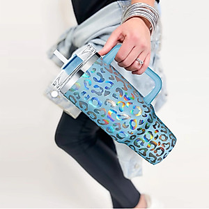omezin 40 oz Tumbler with Handle Holographic Glitter Leopard 40oz Tumbler with Lid Straw Double Insulated Travel Coffee Mug