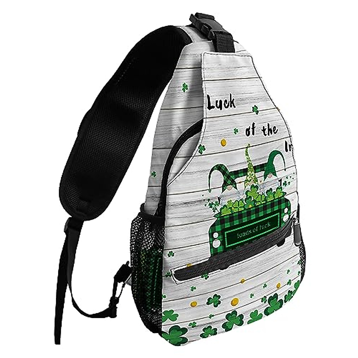 Gsypo Sling Backpack, St. Patrick's Day Luck of The Irish Truck Shamrock and Dwarf Wood Waterproof Lightweight Small Sling Bag, Travel Chest Bag Crossbody Shoulder Bag Hiking Daypack for Women Men