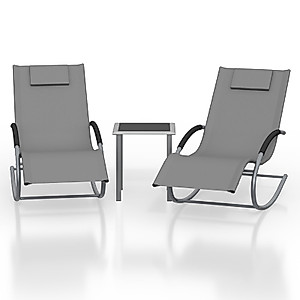 VORTEXTOVE Outdoor Chaise Lounge Chairs Set of 3,Iron Patio Rocking Chair Set, Including Patio Lawn Rockers with Coffee Table and Headrests, Suitable for Yard, Patio, Deck, and Backyard. (Gray)