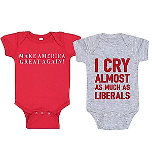 Make American Great Again Baby Romper and Free I Cry Almost As Much As Liberals (Red and Grey) (6 Month)