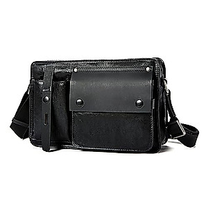 Men's Small Crossbody Shoulder Bag Multi-Pocket Satchel Bags Genuine Leather Business Commuting Messenger Bag (Black)