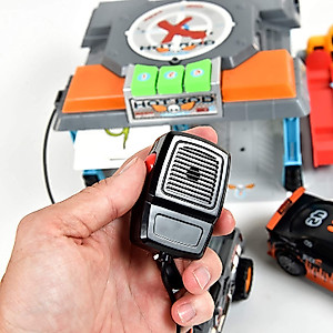 Hot Rod Garage - Lights and Sounds Toy Set for Kids | Working Intercom with Open and Close Parking Garage and Vehicle Lift | Playset Includes Pick Up Truck and Sports Car with Friction Motor