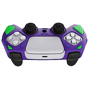 PlayVital Knight Edition Neon Genesis Purple & Green Two Tone Anti-Slip Silicone Cover Skin for ps5 Controller, Soft Rubber Case for ps5 Wireless Controller with Thumb Grip Caps