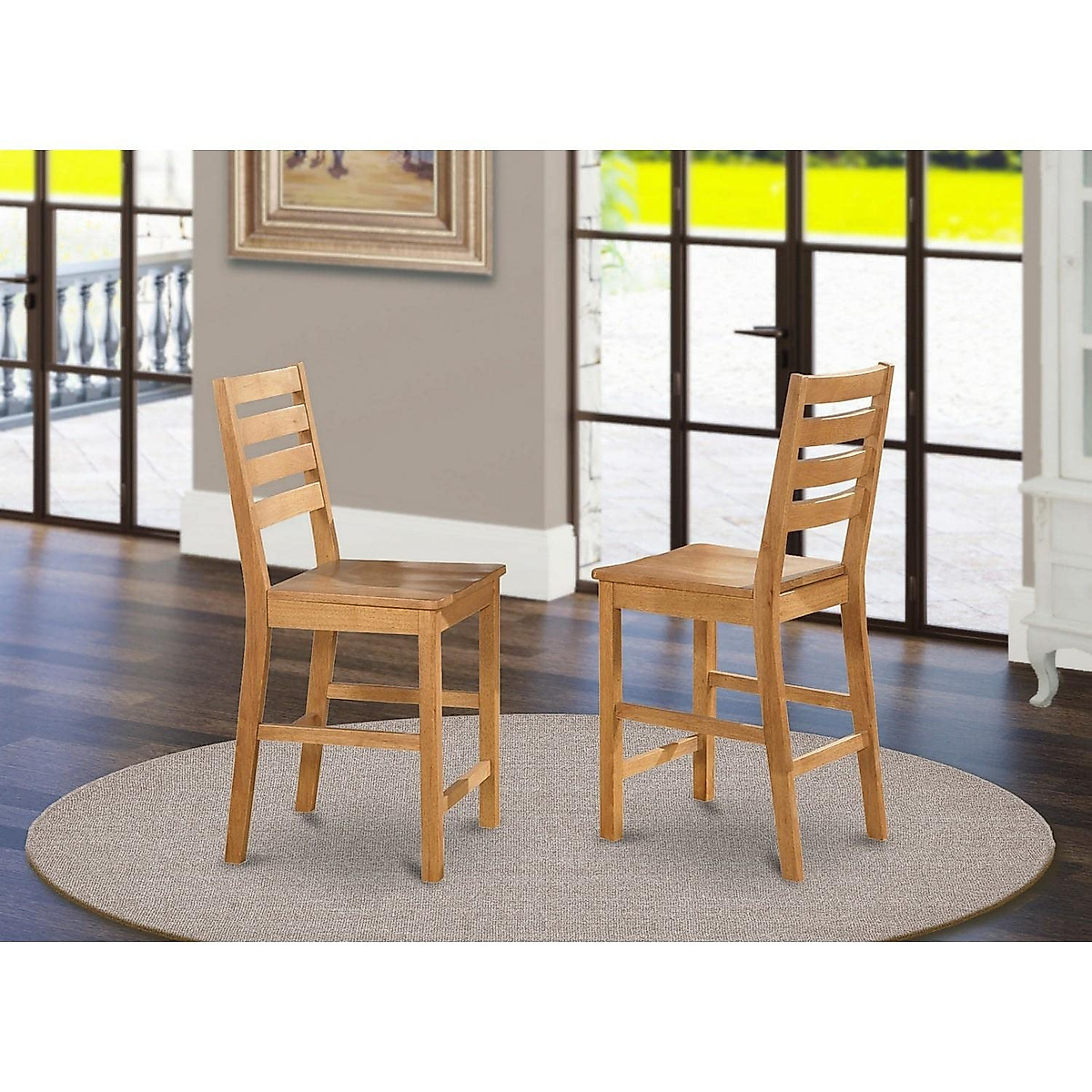 East West Furniture CFS-OAK-W Café Counter Height Dining Chairs - Ladder Back Wood Seat Chairs, Set of 2, Oak