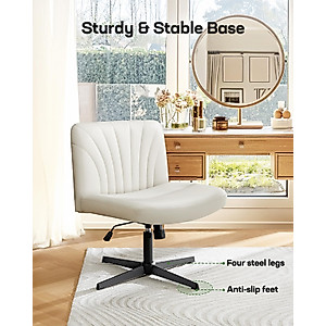 Marsail Cross Legged Office Chair: PU Leather Criss Cross Desk Chair Wide Armless Desk Chair Swivel Height Adjustable Vanity Chair for Make Up,Small Space,Bed Room(Beige)