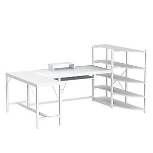 SEDETA L Shaped Computer Desk, 65'' Corner Gaming Desk with Keyboard Tray & LED Lights, L Shaped Desk with Storage Shelves, Monitor Stand and Headphone Hook for Home Office, White