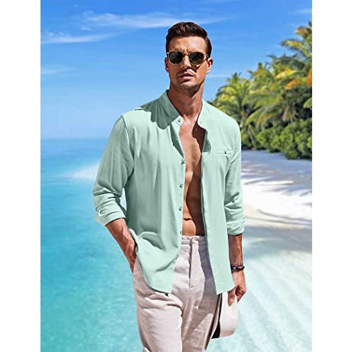 COOFANDY Long Sleeve Band Collar Linen Button Up Shirts for Men Casual Button Down Shirts Light Green