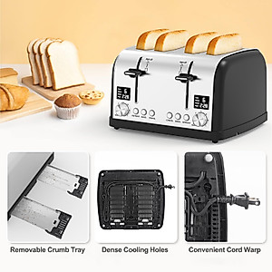 Toaster 4 Slice,Ultra-Clear Led Display, Dual Control Panels With Independent Settings,Retro Stainless Steel Toaster Wide Slot for Waffles, 4 Slice Toaster with Bagel LainstenT-5057D (Black)