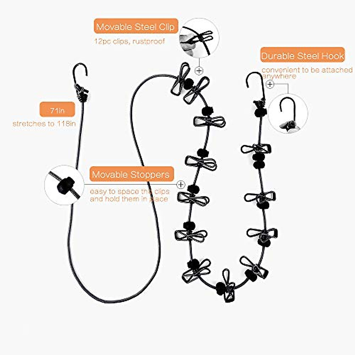 YOROYAL Travel Elastic Clothesline with 6pcs Portable Adjustable Clothes Hanger, 1 Pack Drawstring Organizer Backpack, Perfect for Camping, Hotel and Other Outdoor / Indoor Use (Black)