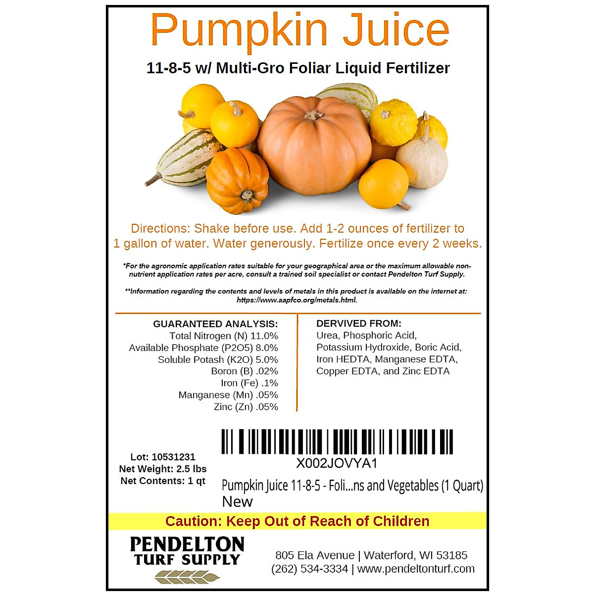 Pumpkin Juice 11-8-5 - Foliar Liquid Fertilizer with Essential Micro-nutrients for Pumpkins and Vegetables (1 Quart)