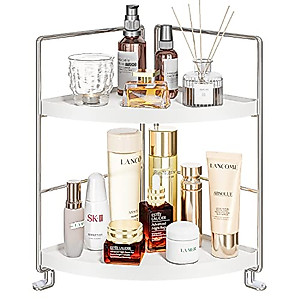 KINGBERWI 2-Tier Bathroom Corner Counter Organizer, Makeup Storage Shelf Vanity Tray, Bathroom Sink Countertop Organizer, Silver