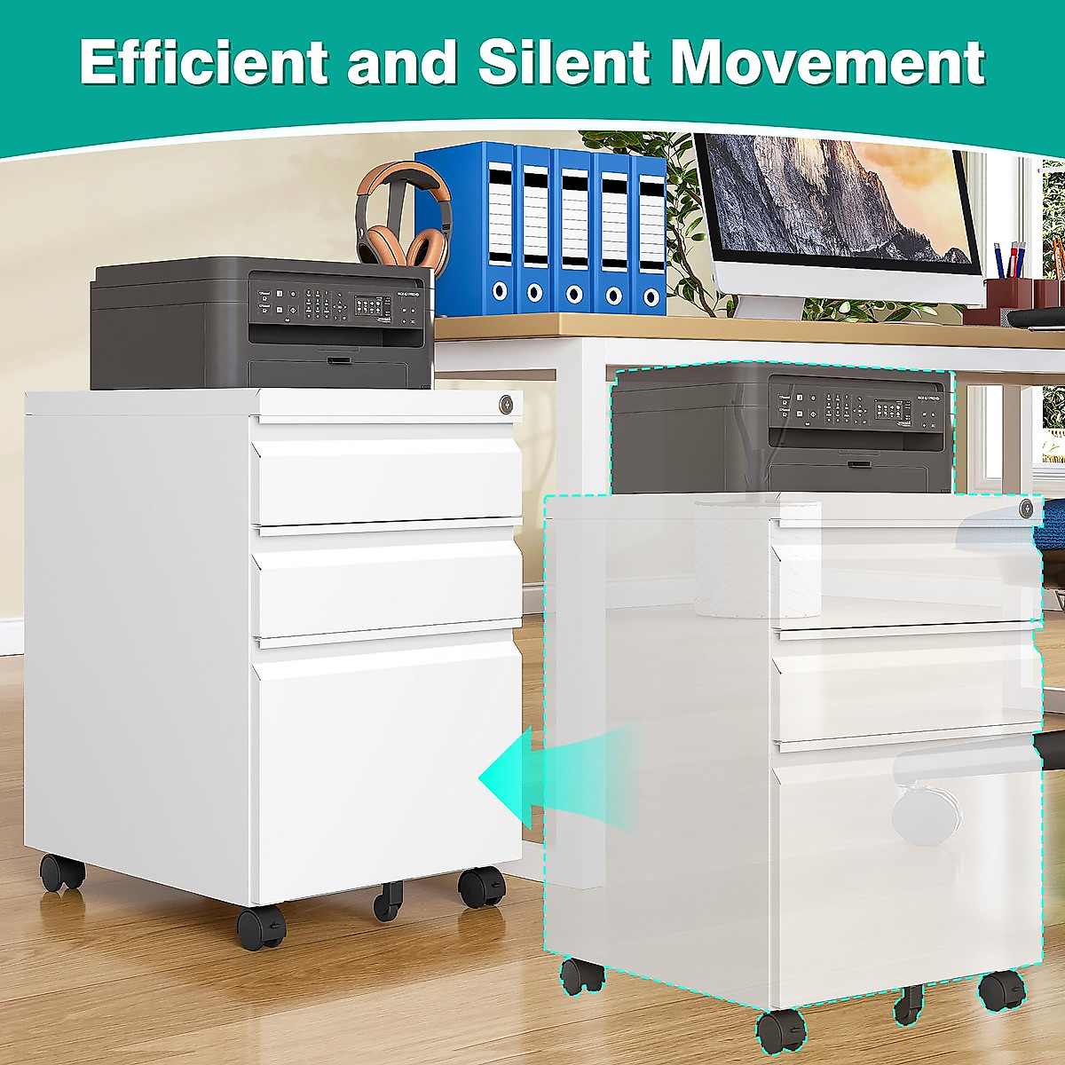 3 Drawer File Cabinet with Lock,Under Desk File Cabinet with Wheels,White Rolling File Cabinet,Three Drawer Metal Filing Cabinet for Home Office,Fit A4/Letter/Legal File,Fully Assembled Except Casters