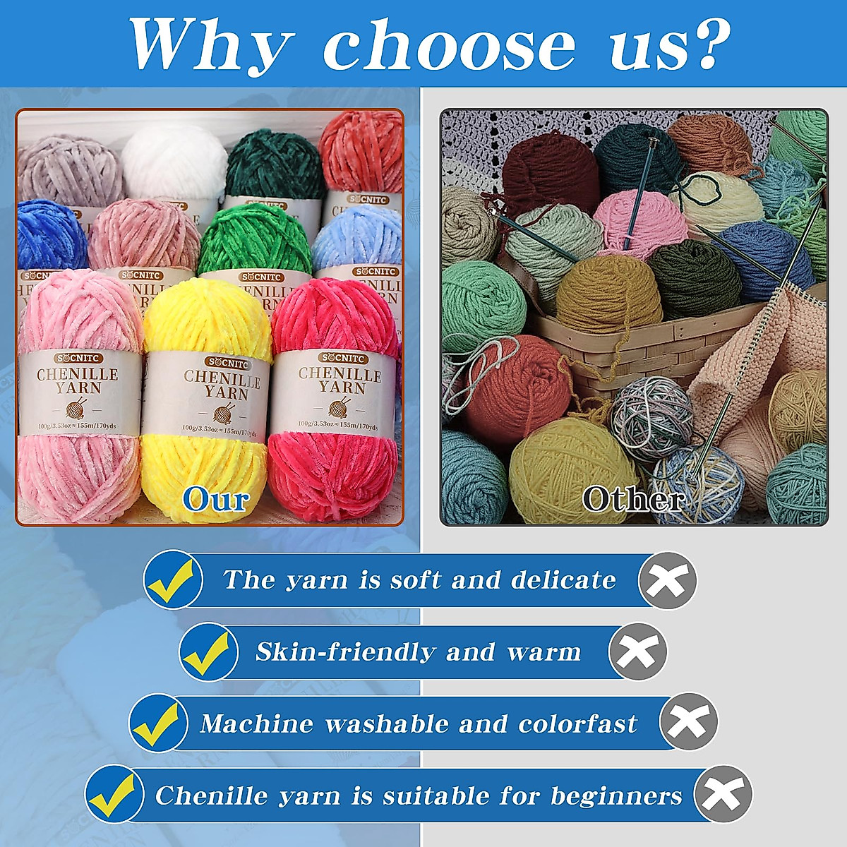 Chenille Yarn, 14OZ Soft Velvet Chenille Yarn for Crocheting and Knitting, Velvet Yarn with Stitch Marker, Big Eye Needles for Scarves, Hats, Blankets DIY Weaving Crocheting HandCrafts Yarn