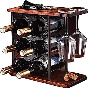 Fadak Wine Rack with Glass Stand, Countertop Wine Rack, Wooden Wine Rack with Trays, Perfect Home Decor & Kitchen Storage Rack, etc.(Accommodates 6 Bottles and 2 Glasses) (B)