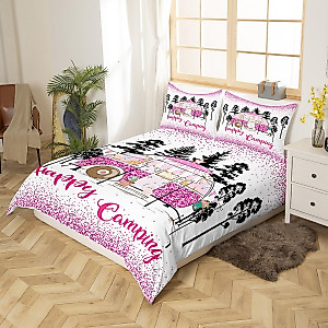 Feelyou Camper Duvet Cover Twin Size with 1 Pillow Case Happy Camping Duvet Cover Set Pink RV Camping Bedding Set Cartoon Cat Comforter Cover for Boys Girls Kids Adults