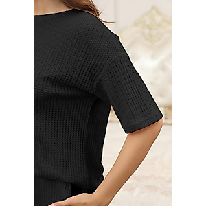 Ezbelle Womens 2023 Fall Fashion Crop Pullover Lounge Sets Two 2 Piece Pajama Sweatsuits Outfits Casual Soft Knit Loungewear Clothes Black Medium