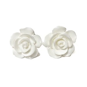 Hypoallergenic Rose 3d Stud Glossy Flower Earrings on Plastic Posts, 14mm (White)