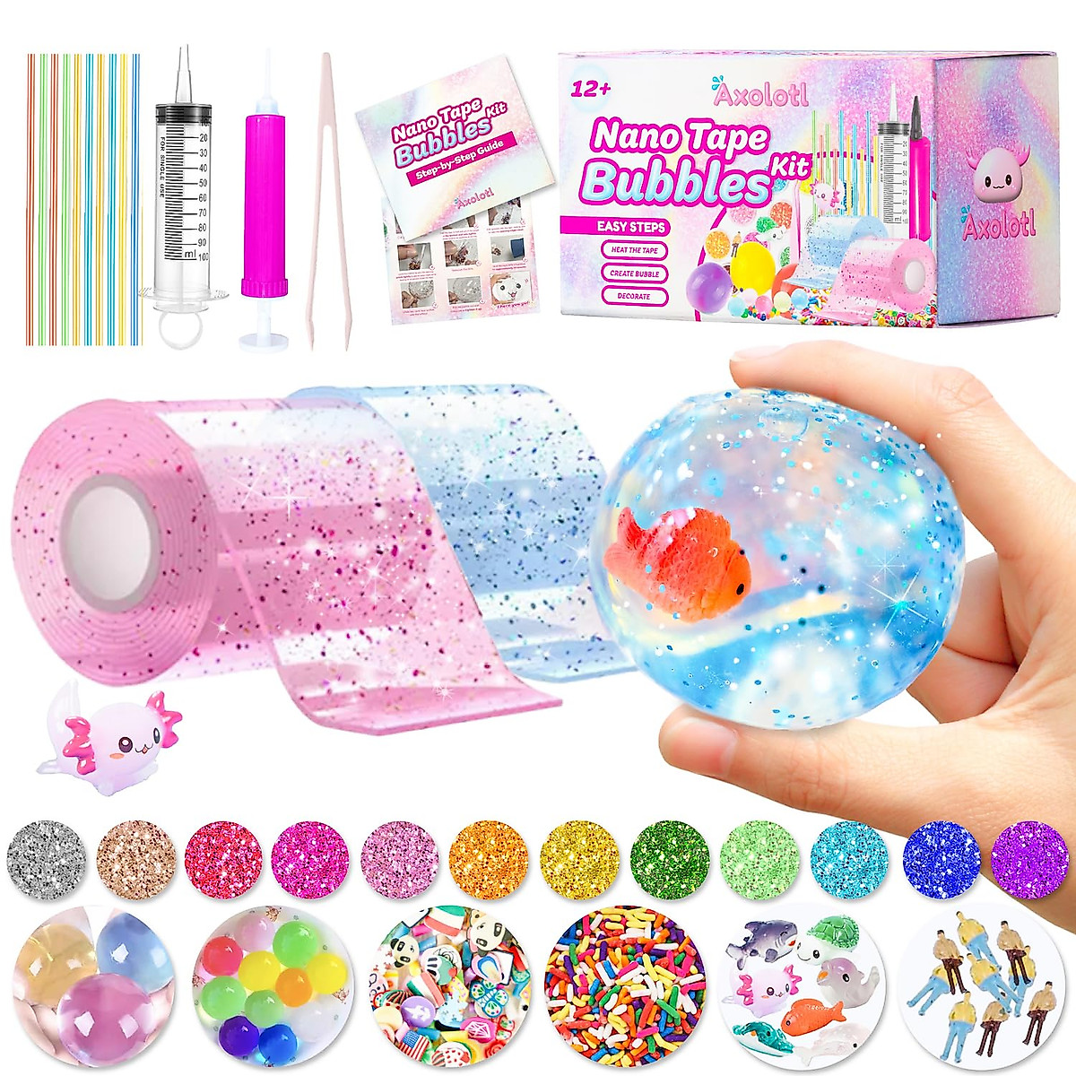 Axolotl Nano Tape Bubble Kit, Double Sided Tape Elastic Bubbles DIY Craft Kit, Stress Balls Toys, Squishy Ball, Anxiety Relief Toy, Party Favors and Fidget Toys for Girls, Boys, Kids