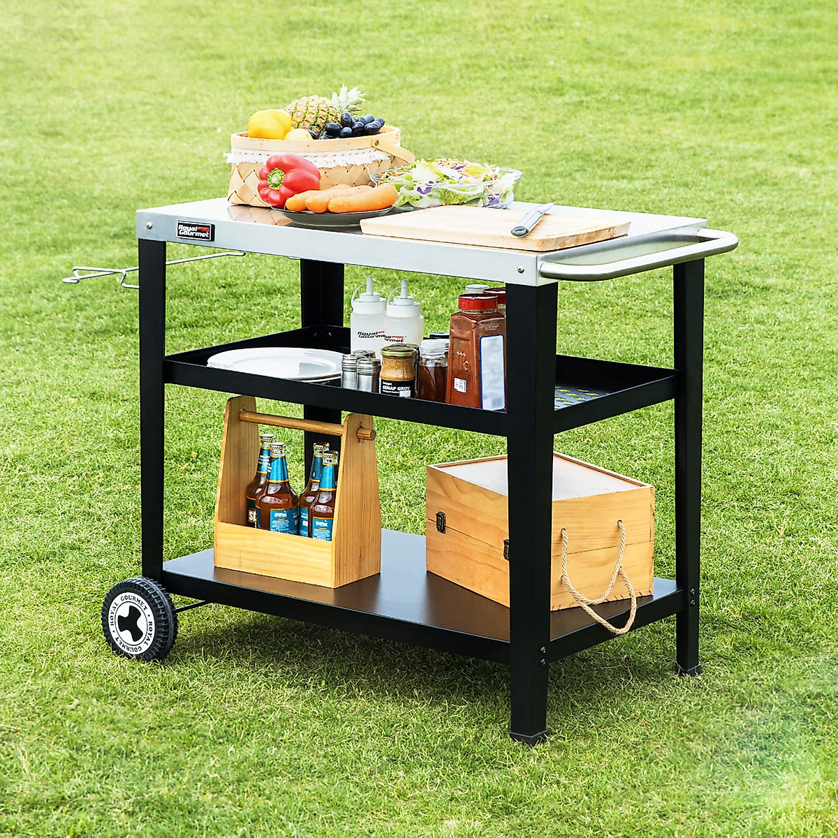 Grills House Movable 3-Shelf Grill Cart with Wheels, 33.5" L x 20" W Stainless Steel Tabletop, Multifunctional Dining Table for Pizza Oven, Food Prep, Outdoor Garden BBQ Trolley, PC-AMZ-3404S, Silver