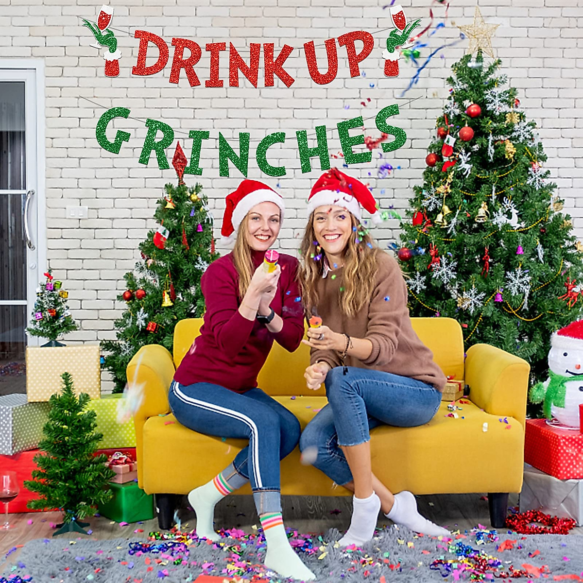 Drink Up Grinches Banner, Glittery Christmas Decorations Banners Winter Holiday Garland Photo Props Banner for Party Home Decorations