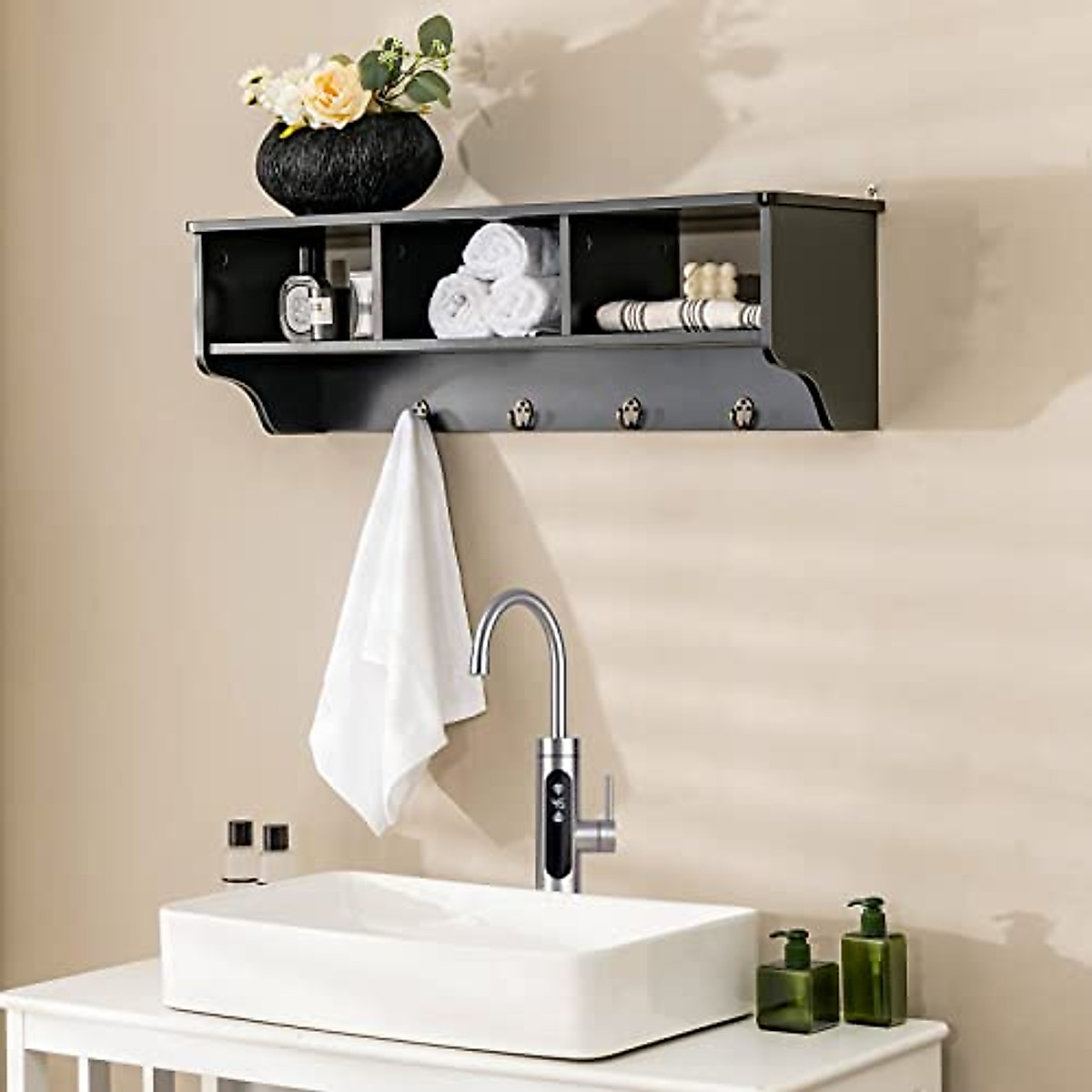 Giantex Hanging Shelf with Hooks Wall Mount Cubby Organizer with 4 Dual Hooks and Storage for Entryway, Hallway, Diningroom Furniture (Black)