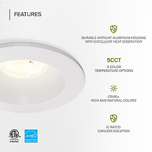 ASD 2 Inch LED Recessed Lighting, 15W 120V LED Downlight, 5 CCT 2700K-5000K, Canless Dimmable LED Downlights for Ceiling with J-Box, Smooth Reflector, CRI 90+, IC Rated, ETL Energy Star, White 18 Pack