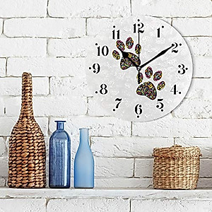 VIKKO Floral Animal Dog Paw Wall Clock 9.8 inch Round Battery Operated Decorative Clock for Kitchen School Office