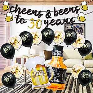 30th Birthday Decorations for Him, 30 Years Birthday Decorations with 40 Inch Gold Number Balloons, Banner, 30 Sign Latex Balloon, Fringe Curtains and Cups Foil Balloons