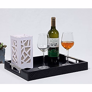 Serving Tray with Polished Metal Handles, 16.5''x12'' Rectangle Coffee Table Tray, Modern Decorative Tray, Large Ottoman Tray, Perfect for Storage and Display (Black)