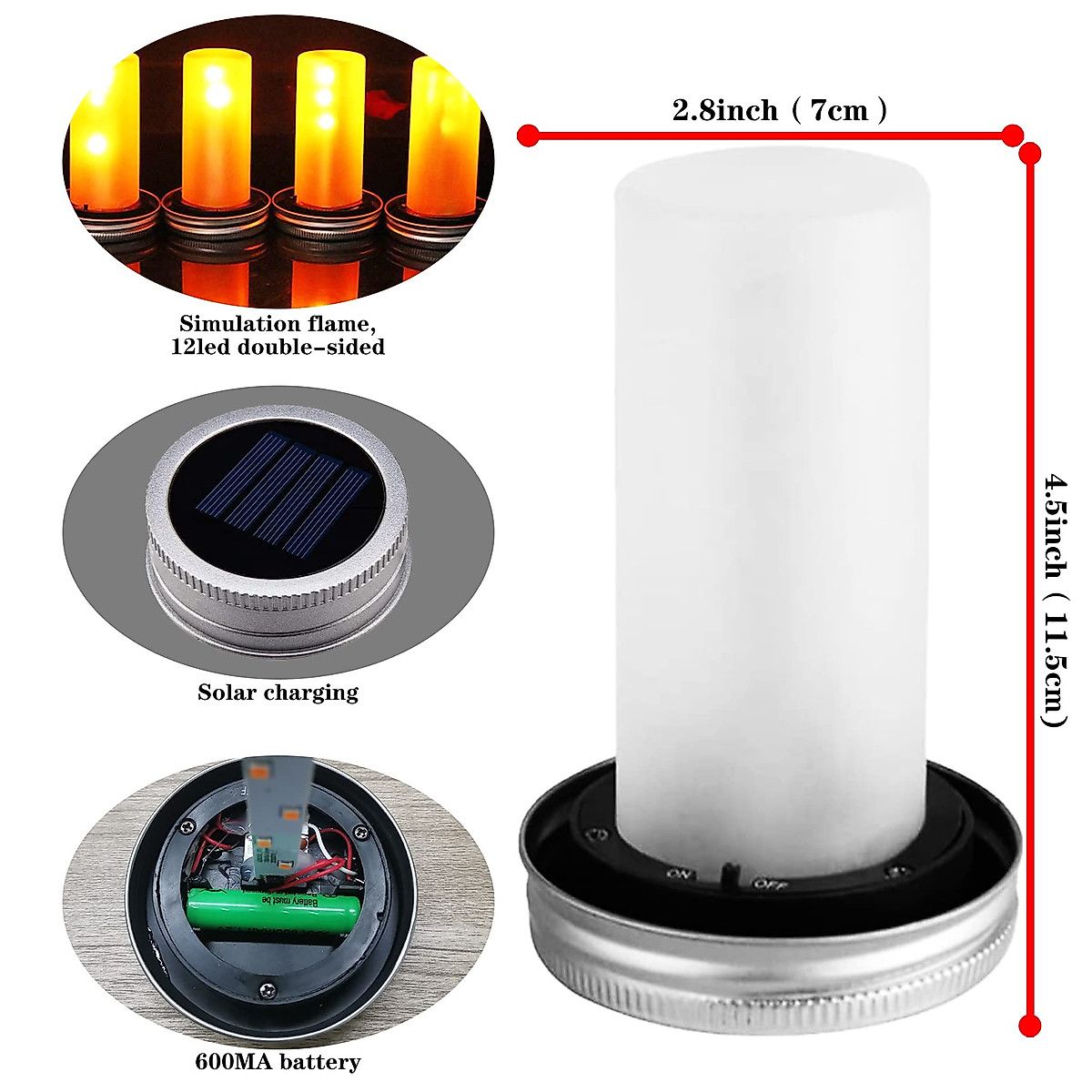 Aizami Solar Mason Jar Lid Lights,4 Pack 12Led Simulation Flame Candlelight Jar Lids Lights for Mason Jar Patio Garden Wedding Lantern