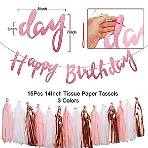 Birthday Decorations Set with Glittery Happy Birthday Banner and Paper Fringe Wreath, Rose Gold Party Decorations Balloons and Confetti Balloons for Women Girl Birthday Party