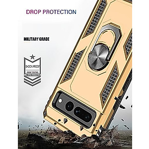 IKAZZ Suitable for Google Pixel 7 Pro Case,Military Grade Shockproof Heavy Duty Protective Phone Cover Pass 16ft Drop Test with Magnetic Kickstand Car Mount Holder Gold